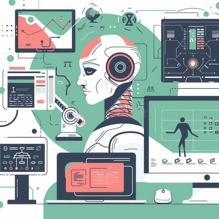 Futuristic Illustration Humanoid Robot Interface Multiple Digital ...