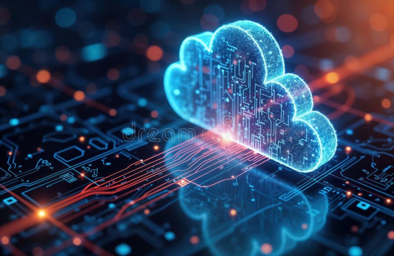 Futuristic Illustration Shows Cloud Computing System for Large Data Storage, Transfer Over ...