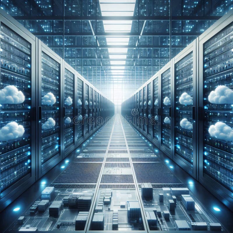 Futuristic Illustration of a Vast Data Center with a Glowing, Ethereal ...