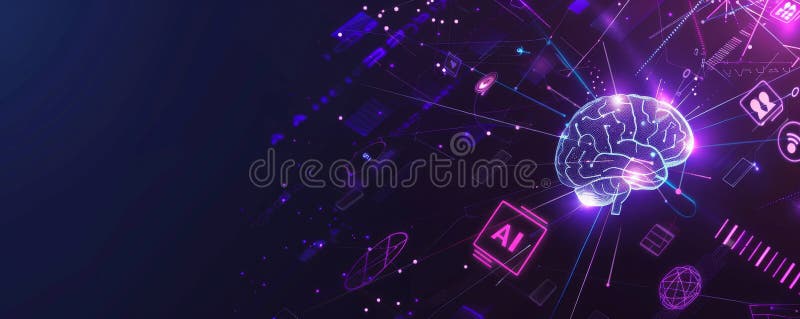Artificial Intelligence Brain Surrounded by Purple Lights and Digital ...