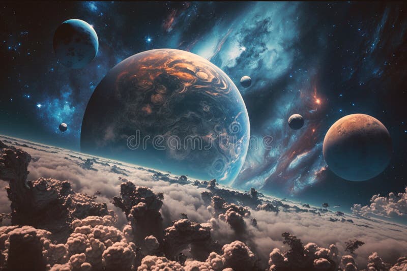 Futuristic Image of Big Planets and Stars on Blue Sky with Clouds ...