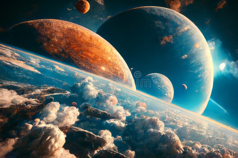 Futuristic Image of Big Planets and Stars on Blue Sky with Clouds ...