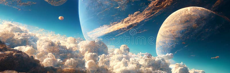 Futuristic Image of Big Planets and Stars on Blue Sky with Clouds ...