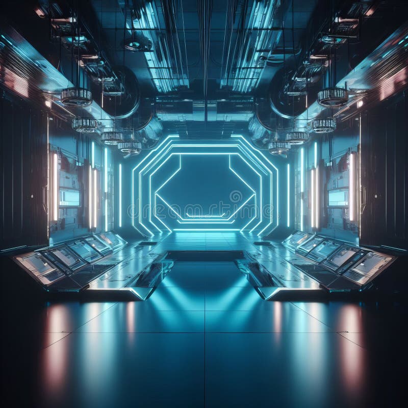 Futuristic Image of a Blue-lit Room with a Hexagonal Portal in the ...