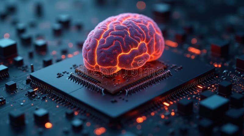 Futuristic Image of Cyborg Brain on Computer Chip Interface Stock ...