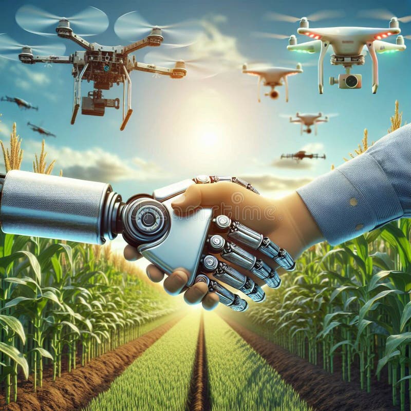 A Robot Hand Shakes a Human Hand in a Cornfield, Symbolizing Tech ...