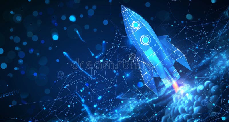 Futuristic Rocket Launch in Digital Abstract Space with Blue Glowing ...