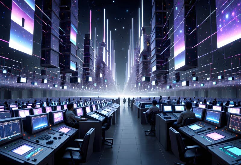 Futuristic Control Room with Data Displays and Technicians Stock ...