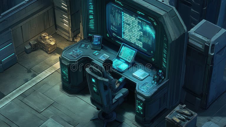 Sci-Fi Hacker Workstation stock illustration. Illustration of dark ...