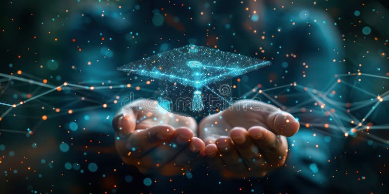 Futuristic Image of a Holographic Graduation Cap in Hands, Representing ...