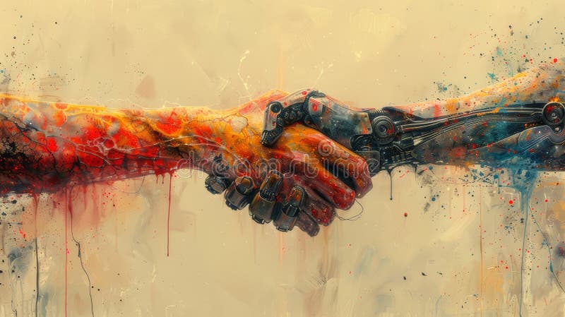 Futuristic Image of a Human Hand Shaking a Robot Hand Amidst a Colorful ...