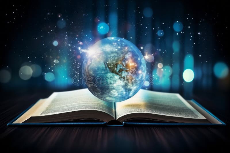Futuristic Image of an Open Book and Planet Earth Hovering Above it ...