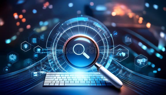 Hands Typing on a Keyboard Under a Futuristic Digital Search Interface ...