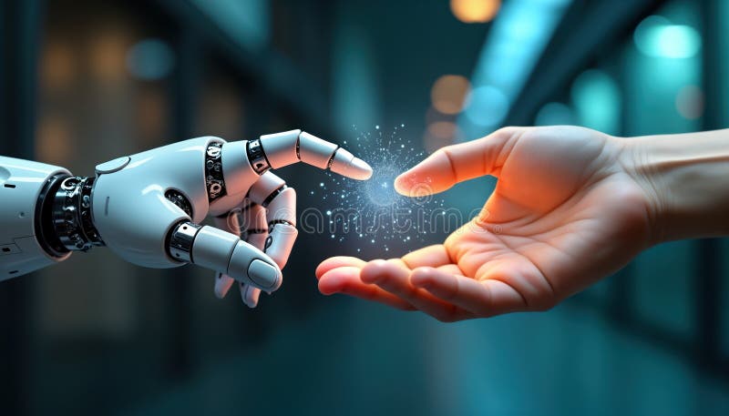 Futuristic Image Shows Robot Hand Touching Human Hand. Digital Interface Graphic Touch Shows ...