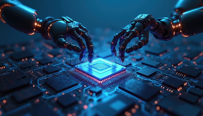 Futuristic Image Shows Robotic Arms Assembling Ai Chip on Circuit Board ...