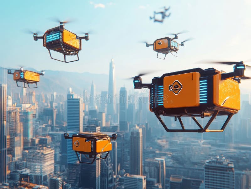 A Futuristic Image of Six Yellow, Cargo-transport Drones with Blue ...