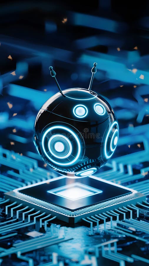 Futuristic Image of Spherical Robotic Entity Amidst Blue Digital ... Futuristic Image of Spherical Robotic Entity Amidst Blue Digital ...