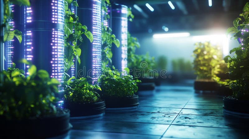 Futuristic Indoor Farming: Plants Growing Under LED Lights in a Modern ...