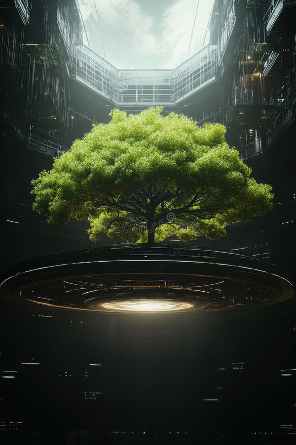 Futuristic Indoor Green Space: Tree Suspended in High-Tech Environment ...