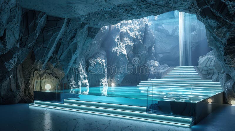A Futuristic Indoor Pool with a Waterfall and Cave Backdrop Stock ...