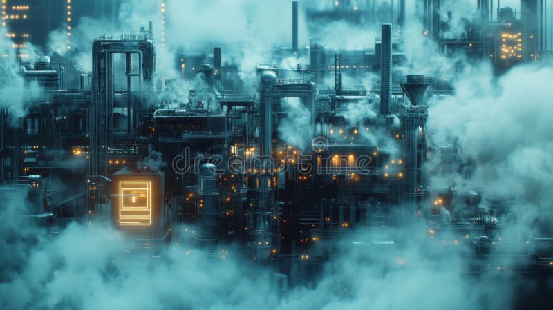 Futuristic Industrial City at Night with Glowing Lights and Dense Smog ...