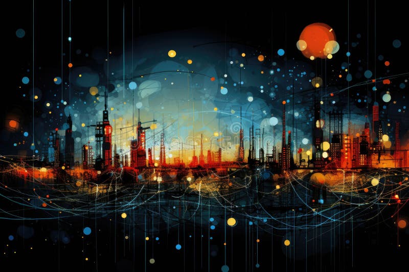 Futuristic Industrial City at Night with Glowing Lights. Vector ...