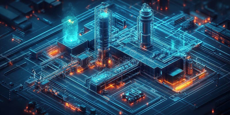 Futuristic Industrial Complex with Glowing Elements and Digital Connections at Night Stock Photo ...