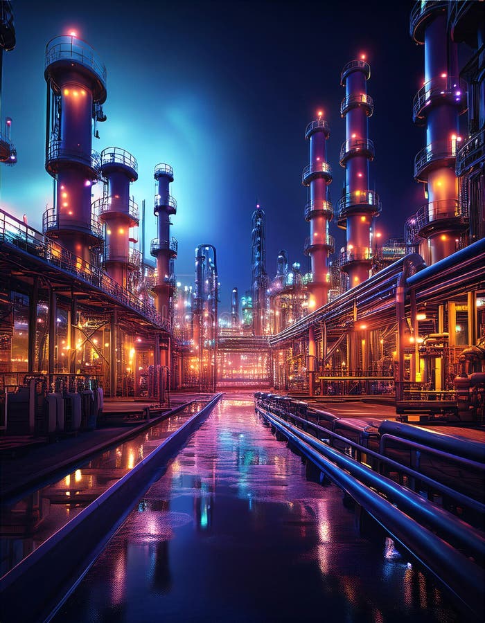 A Futuristic Industrial Complex with Illuminated Pipes and Structures ...