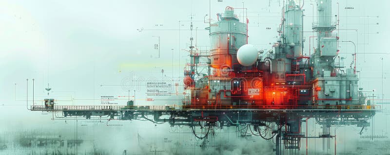 Futuristic Industrial Complex on Misty Waterfront, Detailed Design with ...