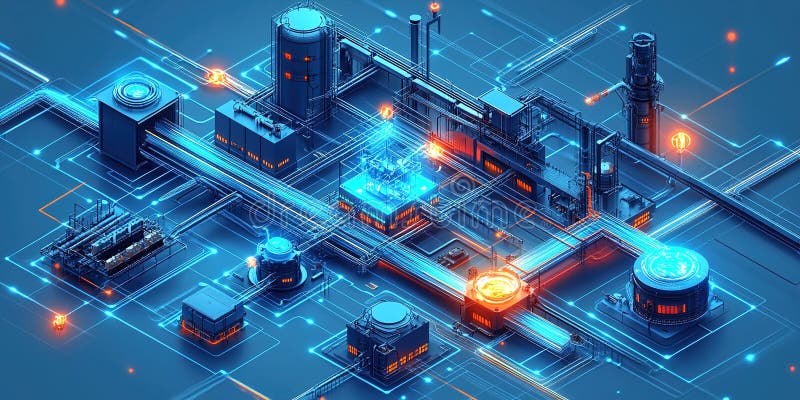 Futuristic Industrial Complex Neon Lights Interconnected Systems Night ...