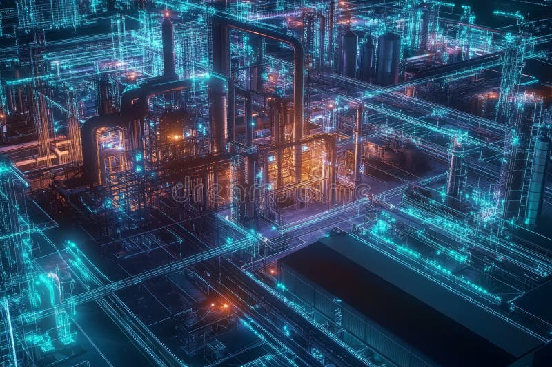 Futuristic Industrial Complex at Night with Vibrant Digital Overlays ...