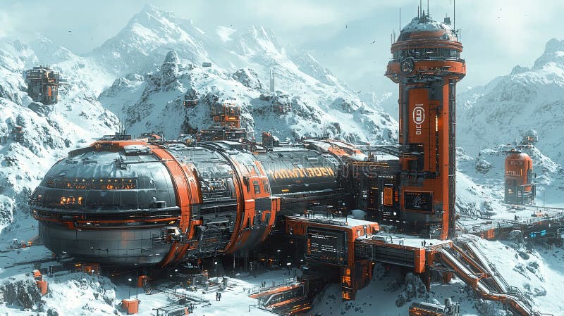 Futuristic Industrial Complex in Snowy Mountain Landscape. Stock ...