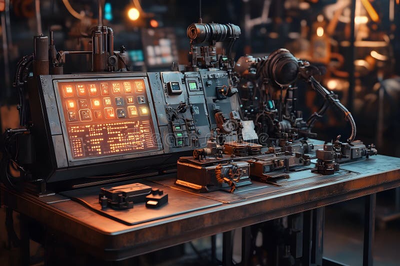 Futuristic Industrial Control Panel with Robotics in Dimly Lit Workshop ...