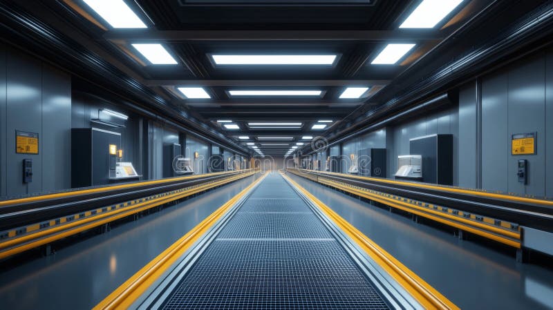 Futuristic Industrial Corridor with Moving Walkway Stock Illustration ...