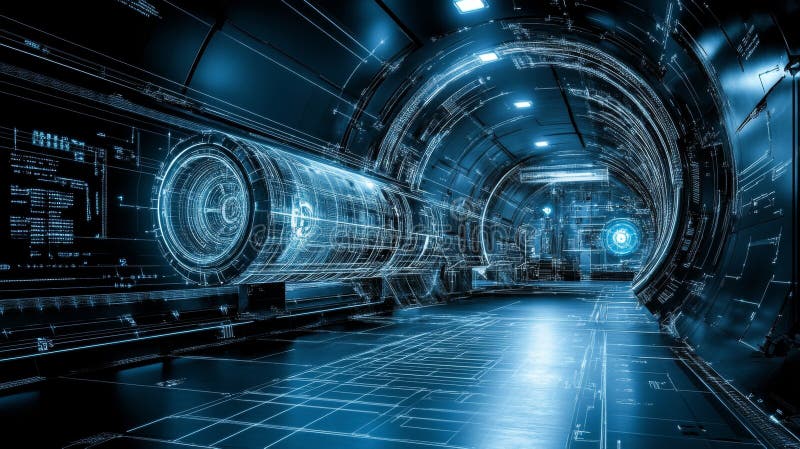 Futuristic Industrial Facility, Digital Rendering with Blueprint Overlay, Advanced Engineering ...