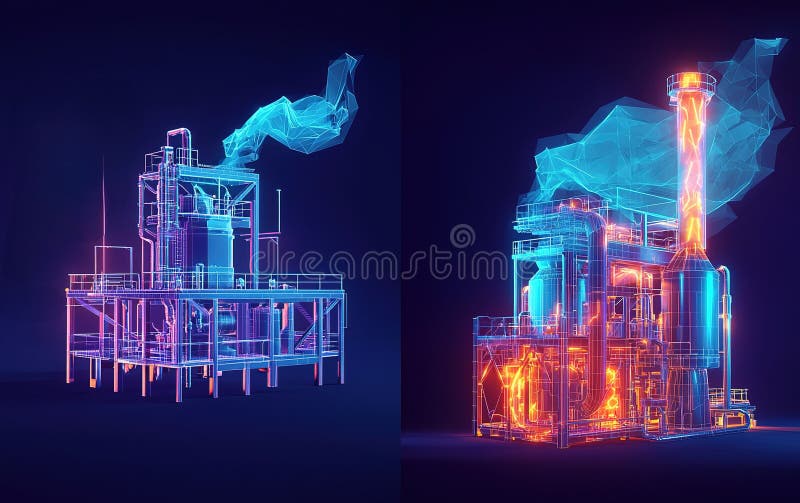 Futuristic Industrial Facility with Glowing Smoke Visualization at ...