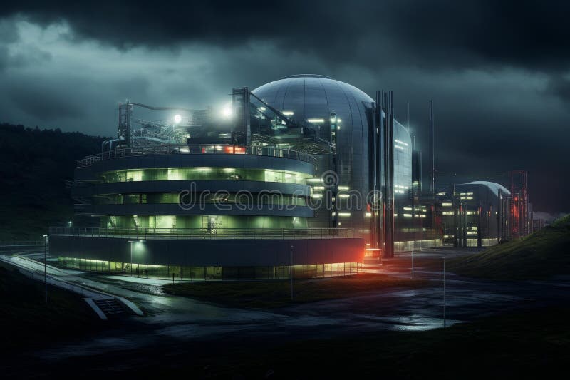 Futuristic Industrial Facility Illuminated at Night Stock Image - Image ...