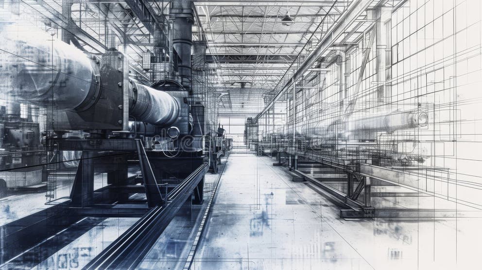 Futuristic Industrial Factory with Digital Blueprint Overlay Stock ...