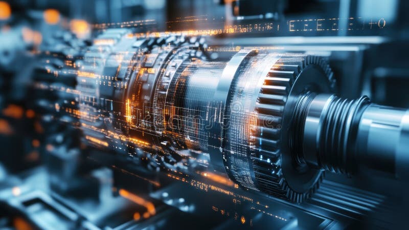 Futuristic Industrial Gear Rotating with Digital Data Overlay in a ...