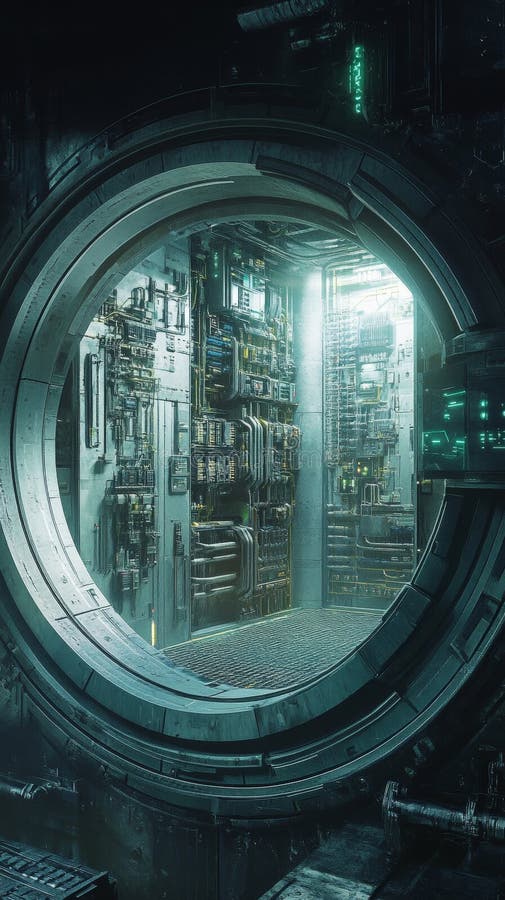 Futuristic Industrial Interior with Circular Window Revealing Complex ...