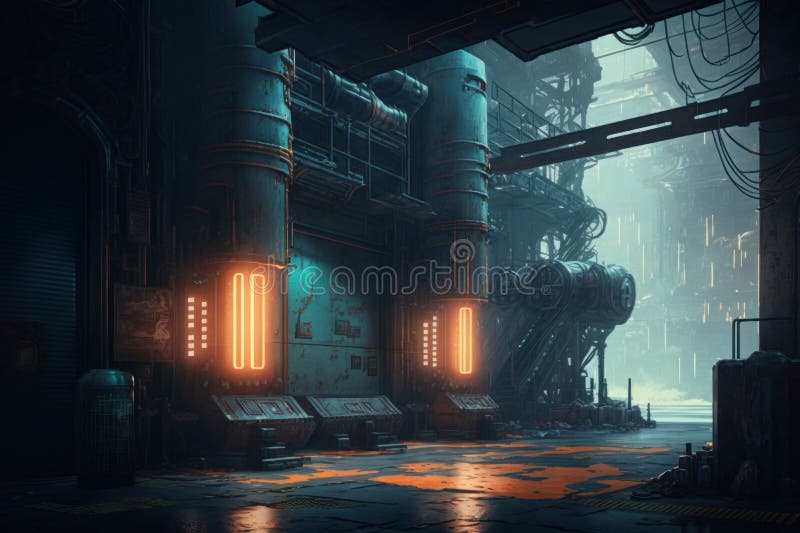 Futuristic Industrial Interior with Glowing Lights and Smoke ...