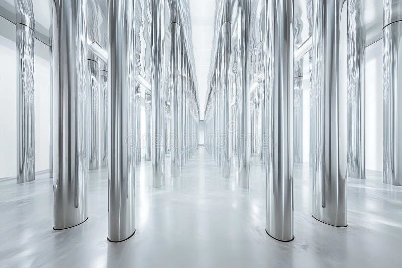 Futuristic Industrial Interior with Reflective Chrome Columns and White ...