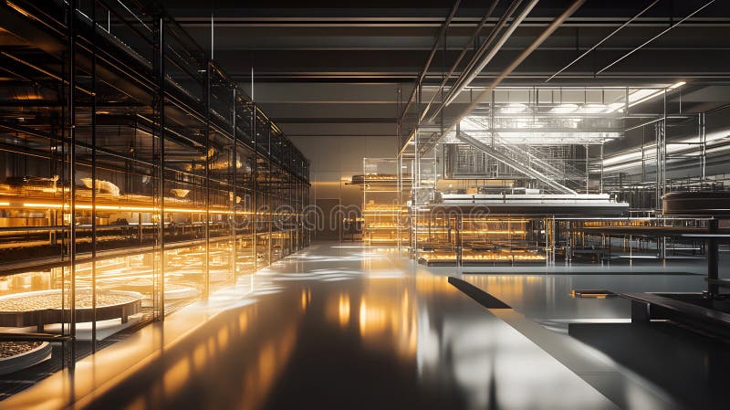Futuristic Industrial Interior Warm and Cool Lighting, Metallic ...