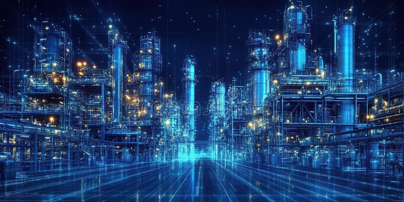 Futuristic Industrial Landscape with Glowing Structures and Intricate ...