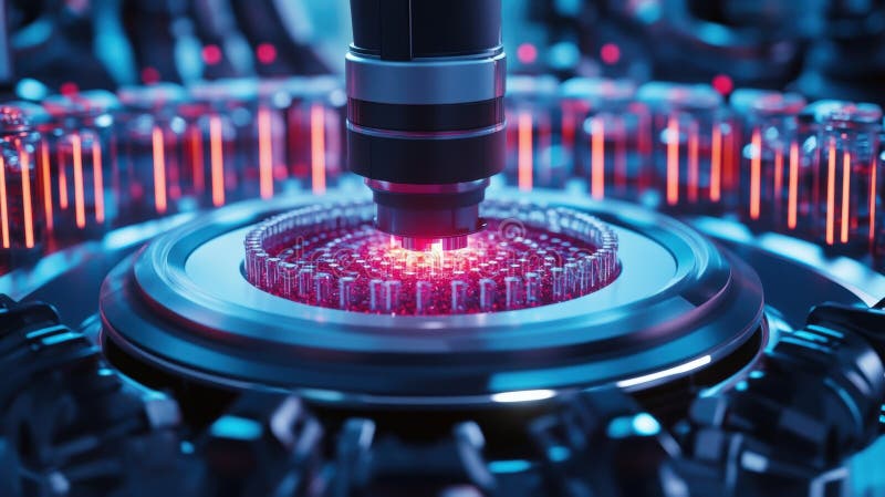 Futuristic Industrial Robotic Arm Processing Microchips on a Circular ...