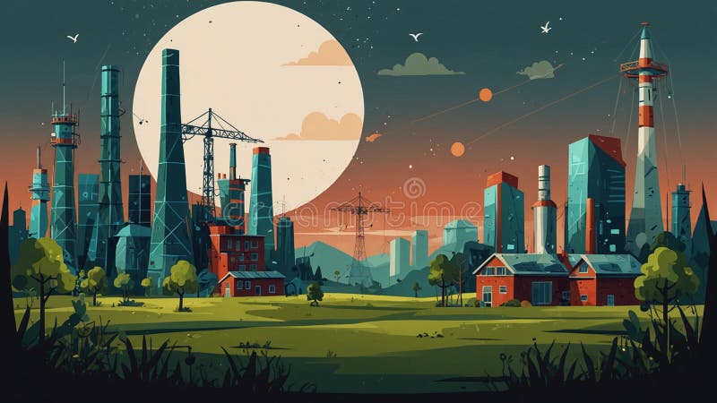 Futuristic Industrial Scene with Factories, Green Fields, and Large ...
