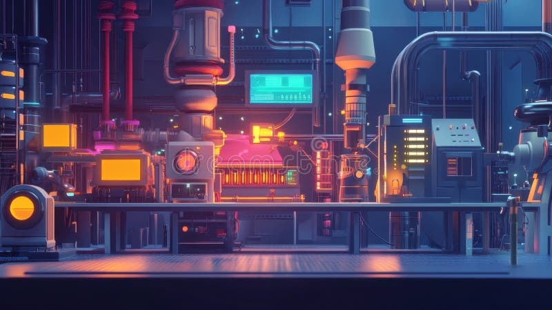 Futuristic Industrial Setting with Vibrant Lights and Machinery Stock ...