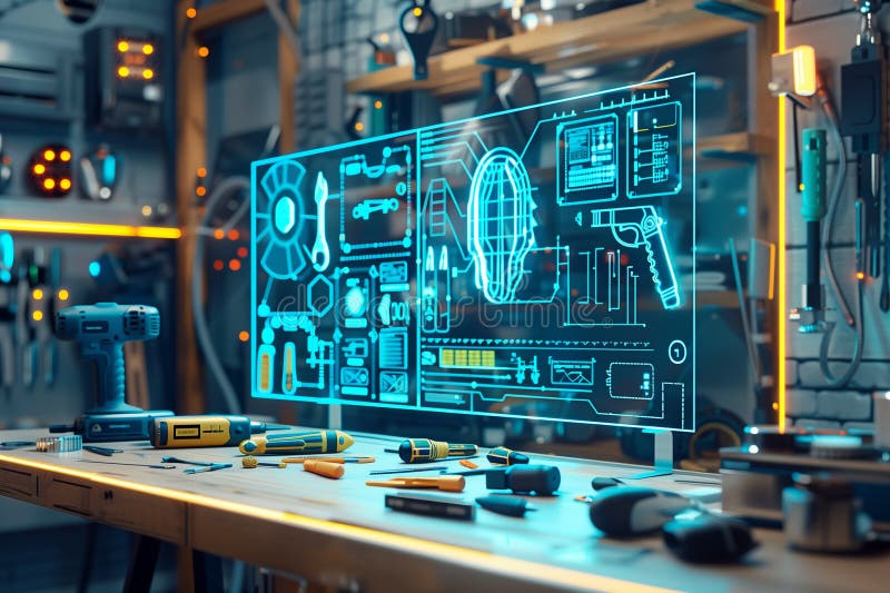 Futuristic Industrial Workshop Table with Blueprint Scale Design on ...