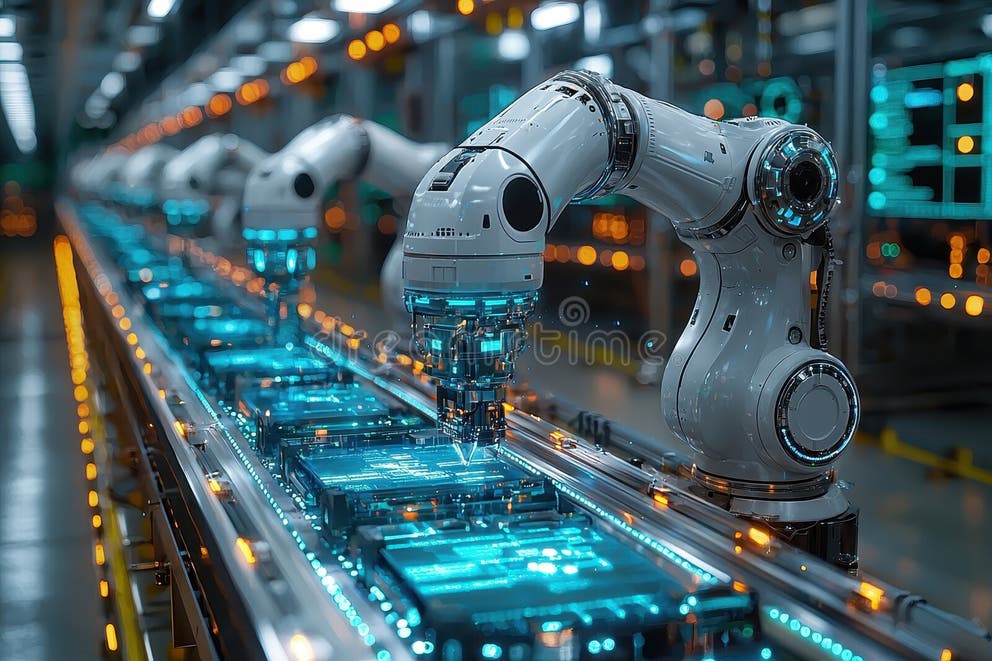 Robotic Arms Assembling High-tech Products on a Digital Production Line. Stock Image - Image of ...
