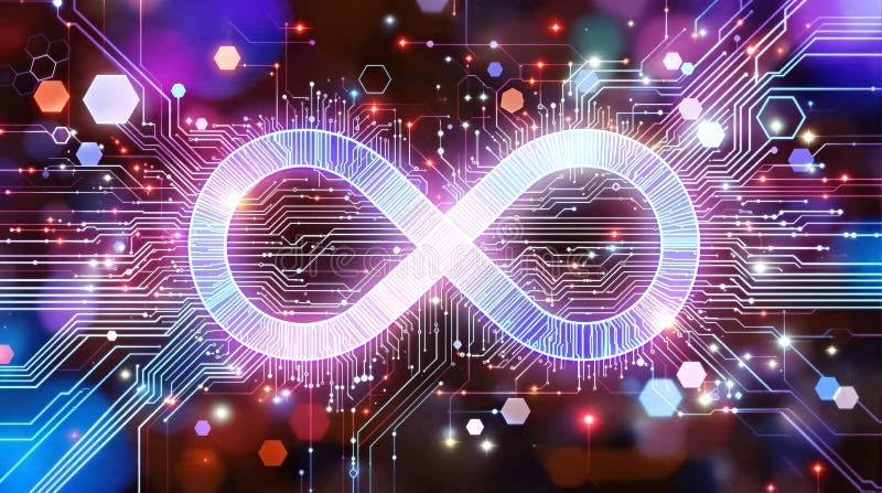 Futuristic Infinity Symbol with Digital Circuit Background and Glowing Lights Stock Illustration ...